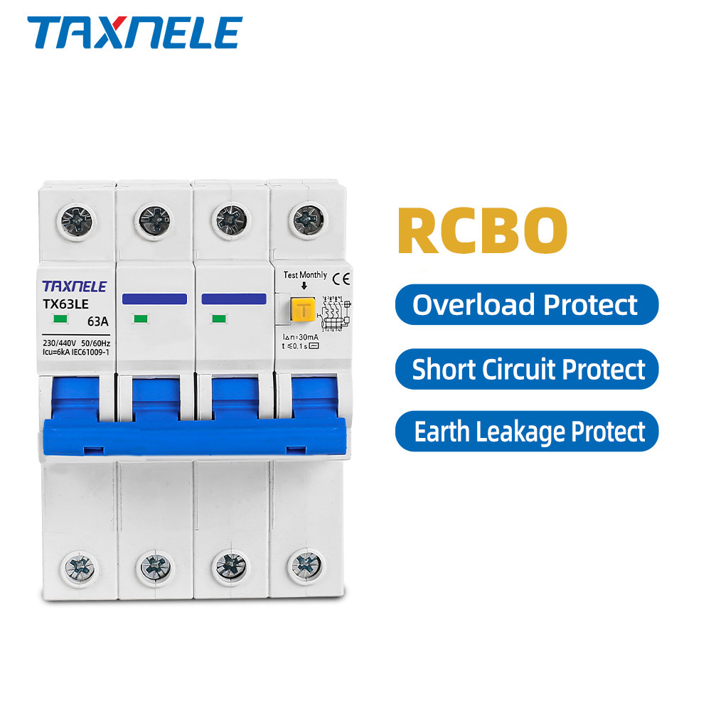 TAXNELE RCBO 63A 380V 4P Circuit Breaker MCB 30mA Overload Short ...