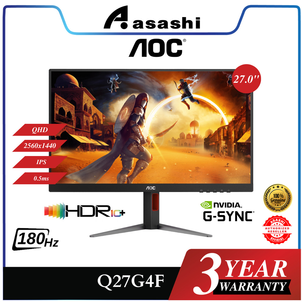 AOC Q27G4F 27" Fast IPS 180Hz 0.5ms sRGB 120% QHD Gaming Monitor (HDMI ...