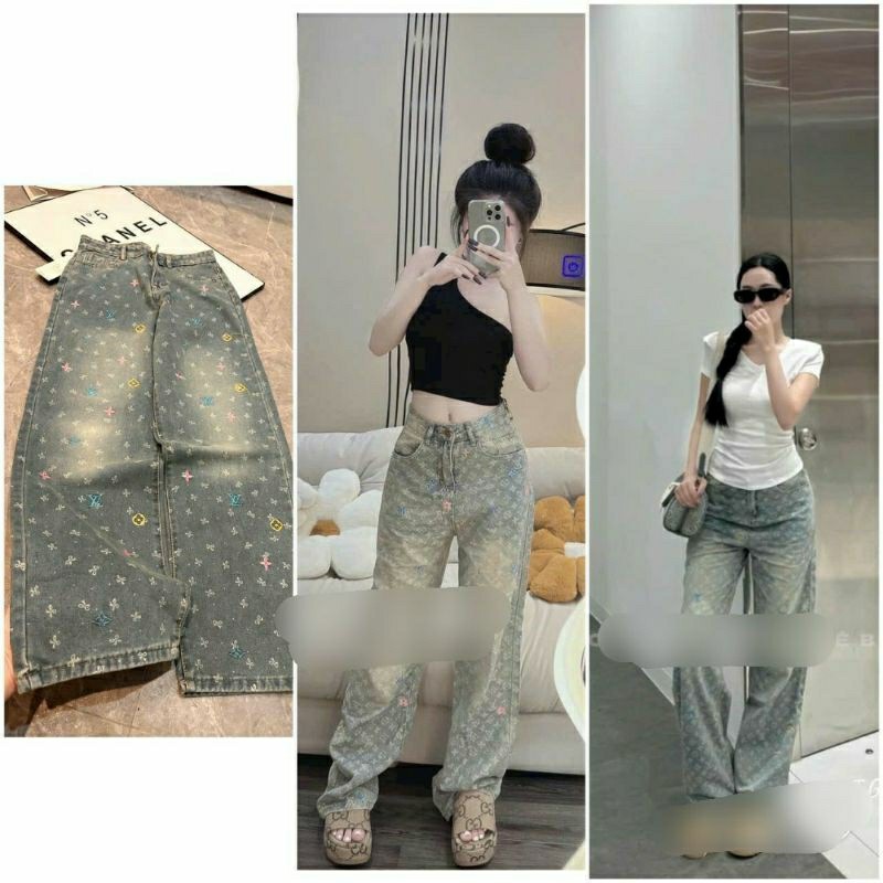 Excellent wide-leg colorful embroidered lv jeans, 3 sizes sml | Shopee ...