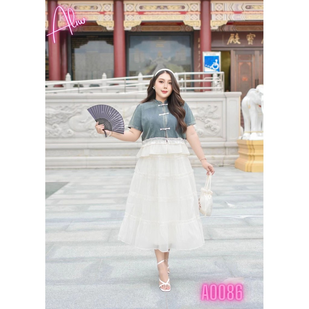 PLUS SIZE CHEONGSAM [ CHINESE STYLE SHORT SLEEVE DENIM PATCHWORK TOP + HALF BODY SKIRRT SET ] # ...