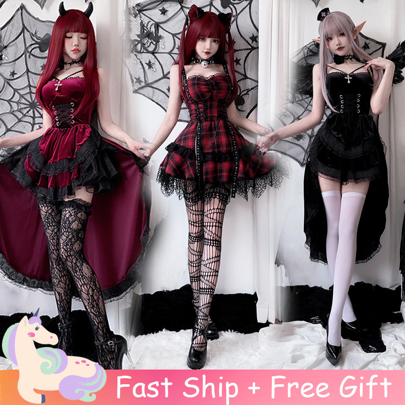 Devil Sexy Gothic Style Lolita Dress For Women Red Black Plaid Dresses Halloween Cosplay Costume ...