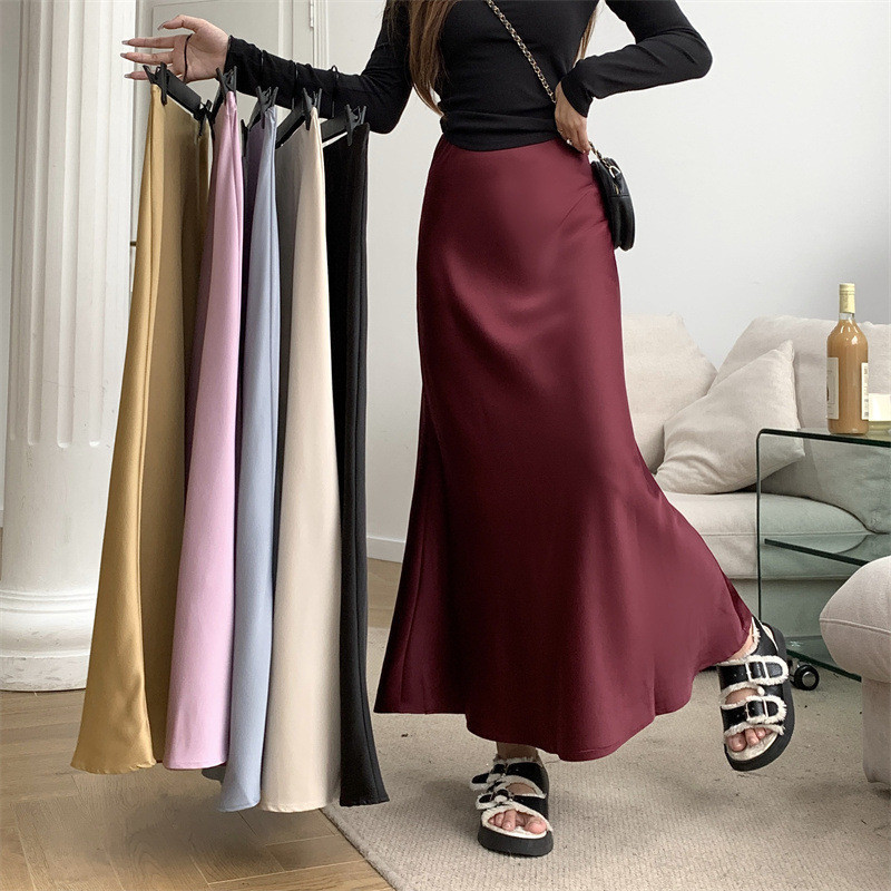 Fashion French Retro High-waisted Fishtail Long Skirt Women New Satin ...