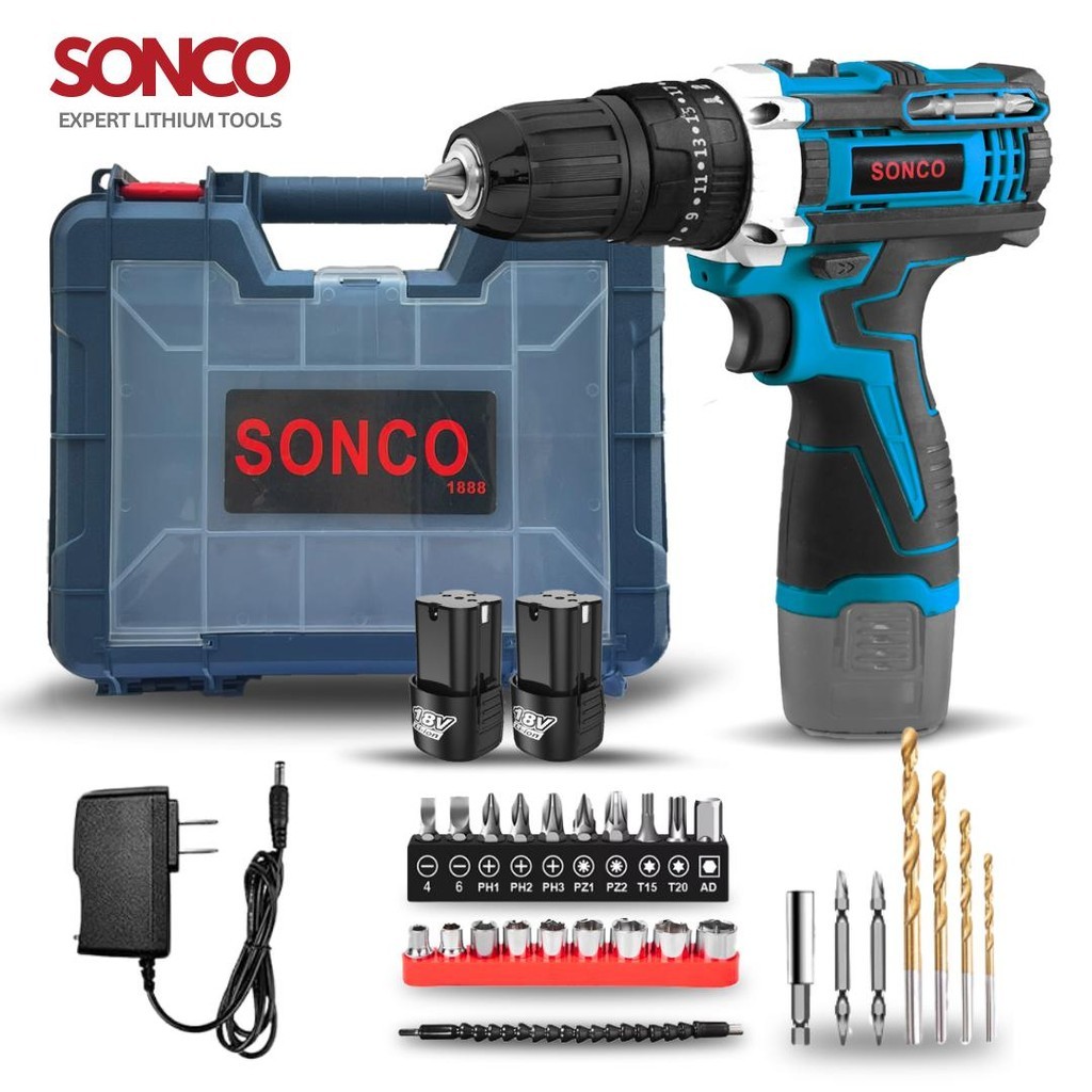 SONCO 18V Cordless Impact Drill Screwdriver 2 Battery Hammer Drill 3 ...