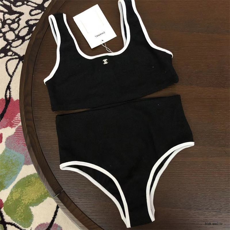Chanel7372 Swimsuit Knitted High-End Young Black Bikini White Sports ...