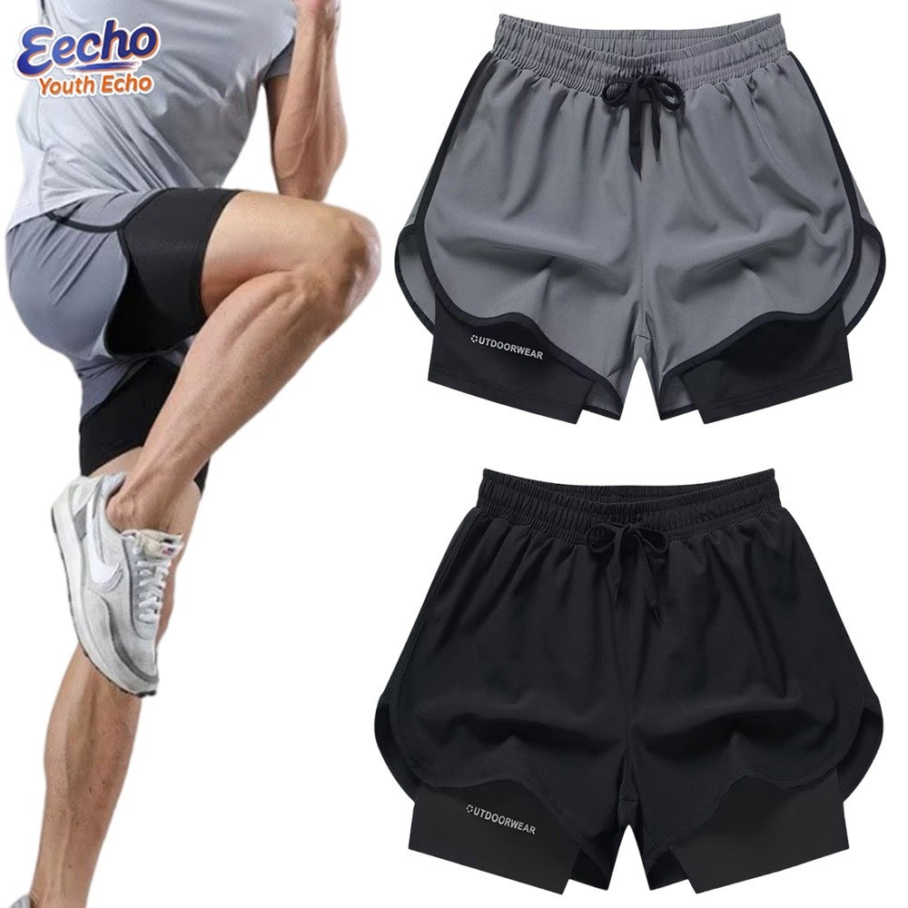 EECHO M-5XL Men's 2 in 1 Running Shorts Seluar Tight Lelaki 运动短裤 健身裤 ...