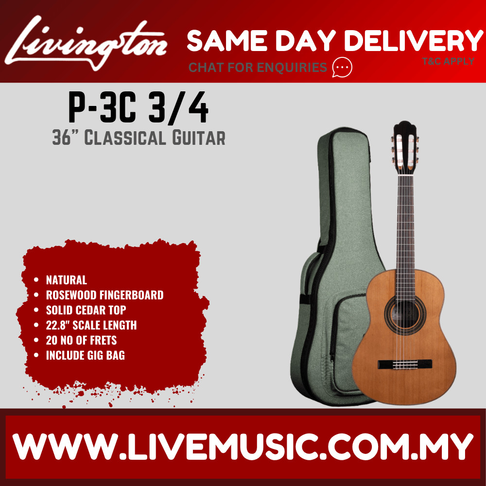 Livingston P-3C 3/4 36" Solid Cedar Top Classical Guitar, Rosewood FB, Natural ( P 3C P3C ...