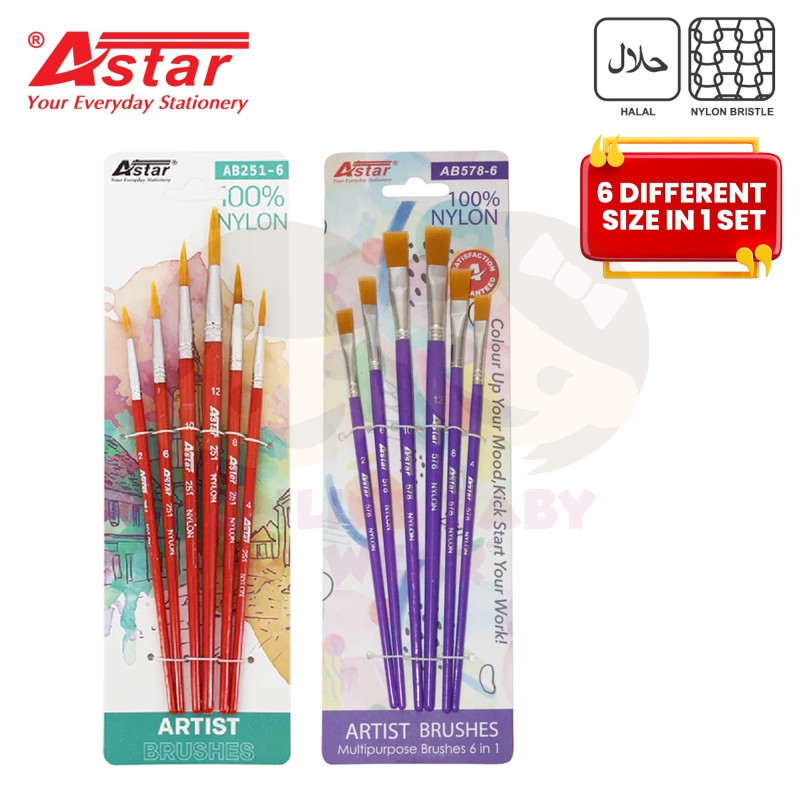 (6 in 1 ) ASTAR Set 6 in 1 Artist Nylon Paint Brushes Watercolor Brush ...
