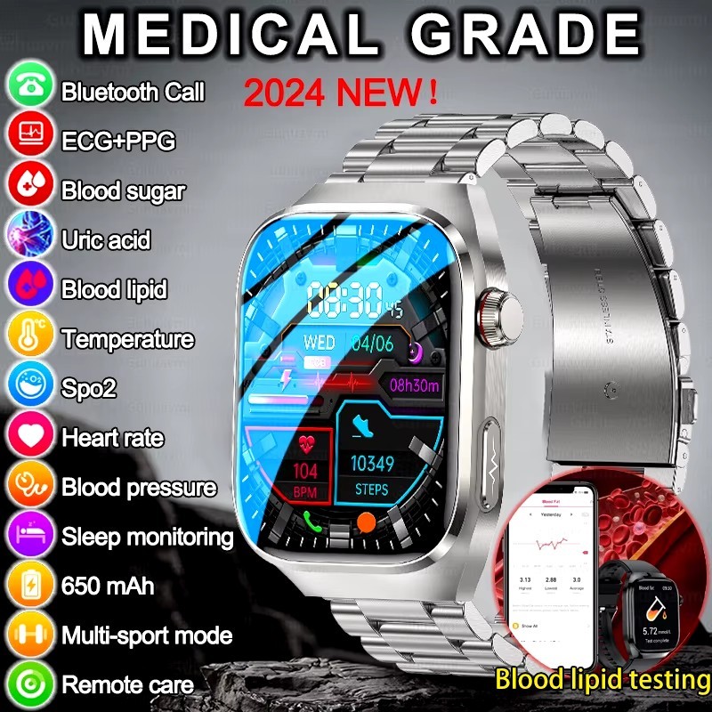 2024 New Uric Acid Blood Fat Smartwatch ECG Blood Glucose Heart Rate ...