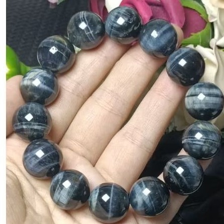 Natural Crystal Midnight Blue Tiger Eye Bracelet 16mm 天然深夜强光眼蓝虎眼手串 天然无 ...