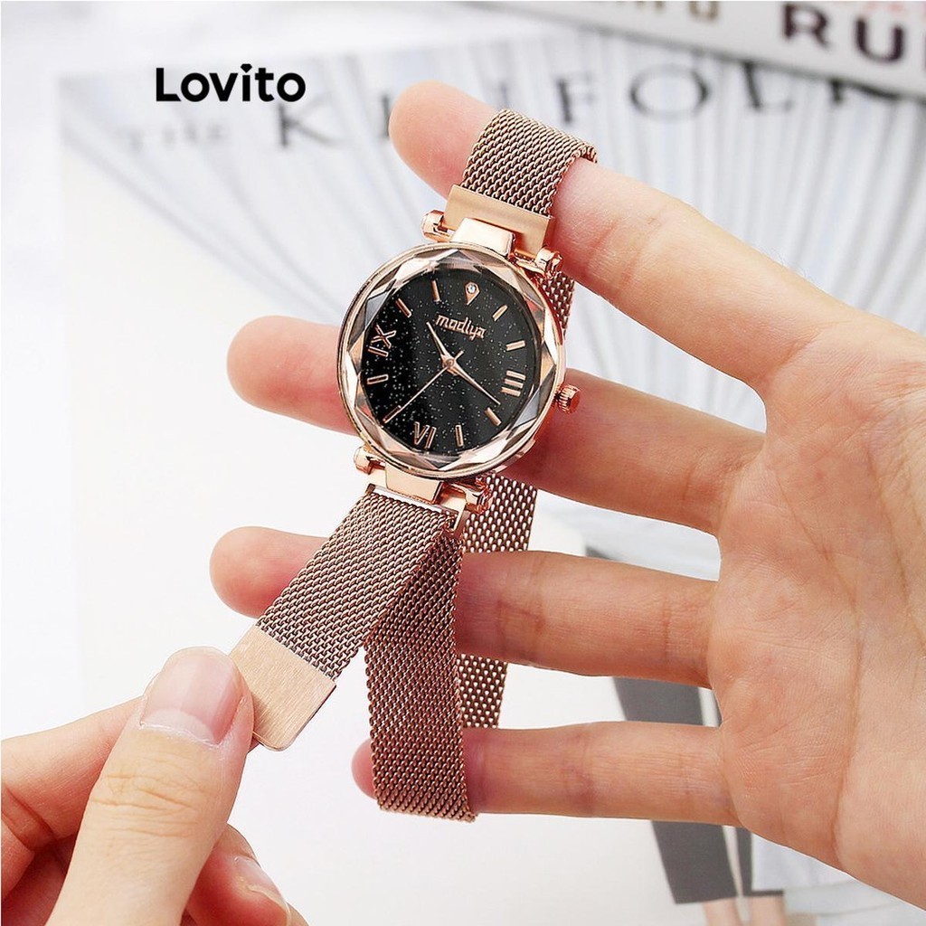 Lovito Elegant Plain Texture Metal Rhinestone Sequin Quartz Watch for ...