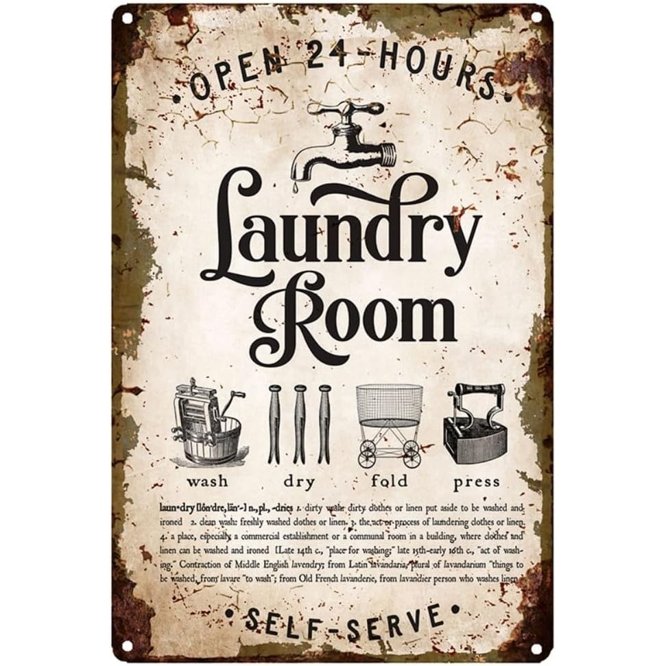 Retro Laundry Room 24-Hours Self-Serve Metal Thick Tin Sign Wall Decor ...