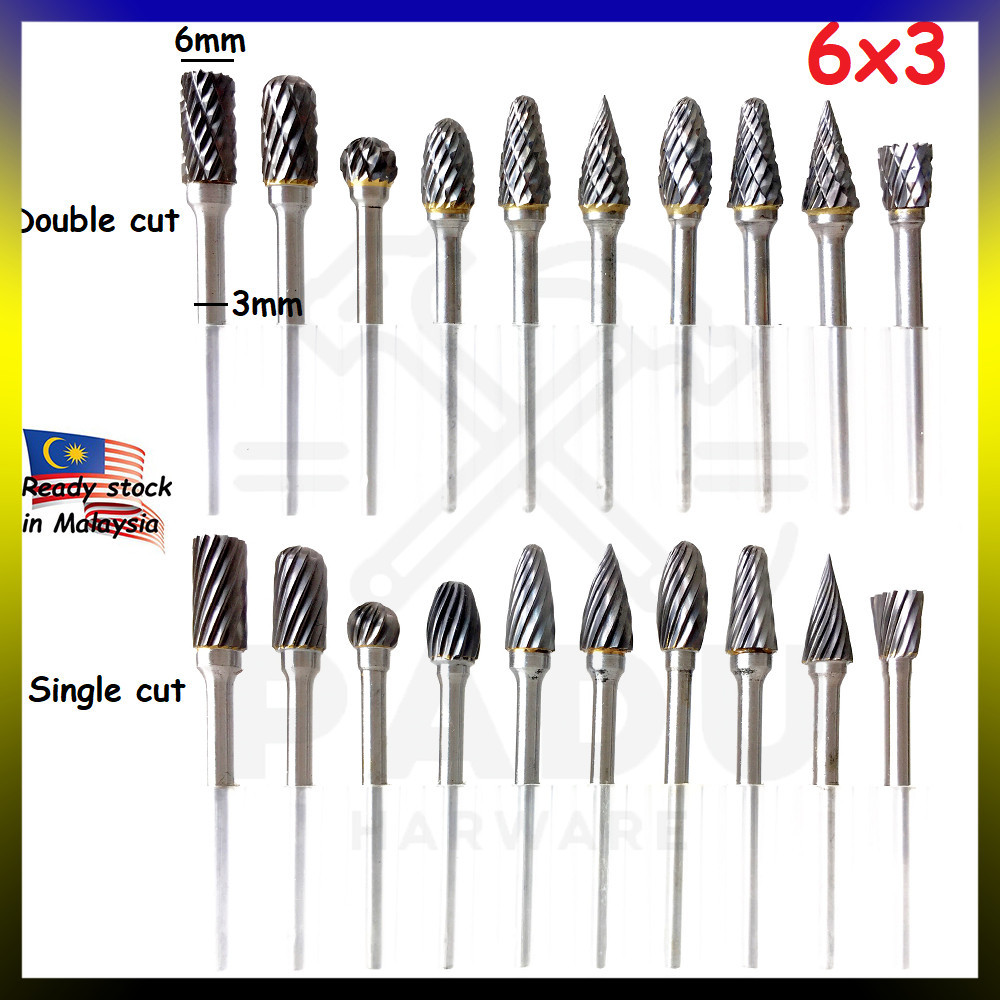 10pcs 6x3mm Tungsten Carbide Burr 3mm Single Cut Double Cut Rotary ...