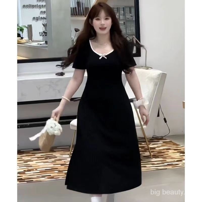 40-100kg 连衣裙大码女装方领高级收腰连衣裙显瘦夏季新款mm裙子气质法式长裙dress fat large size | Shopee Malaysia