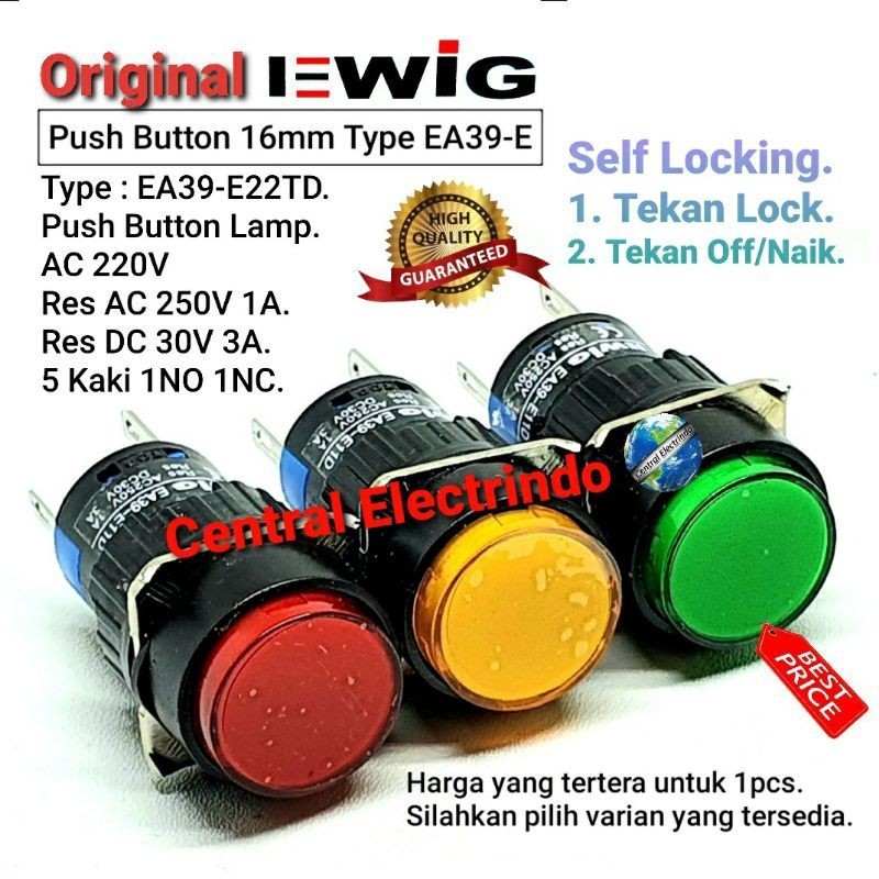 Push Button Locking Light AC 220V EA39-E11TD 16mm 5 Feet 1NO/1NC ...