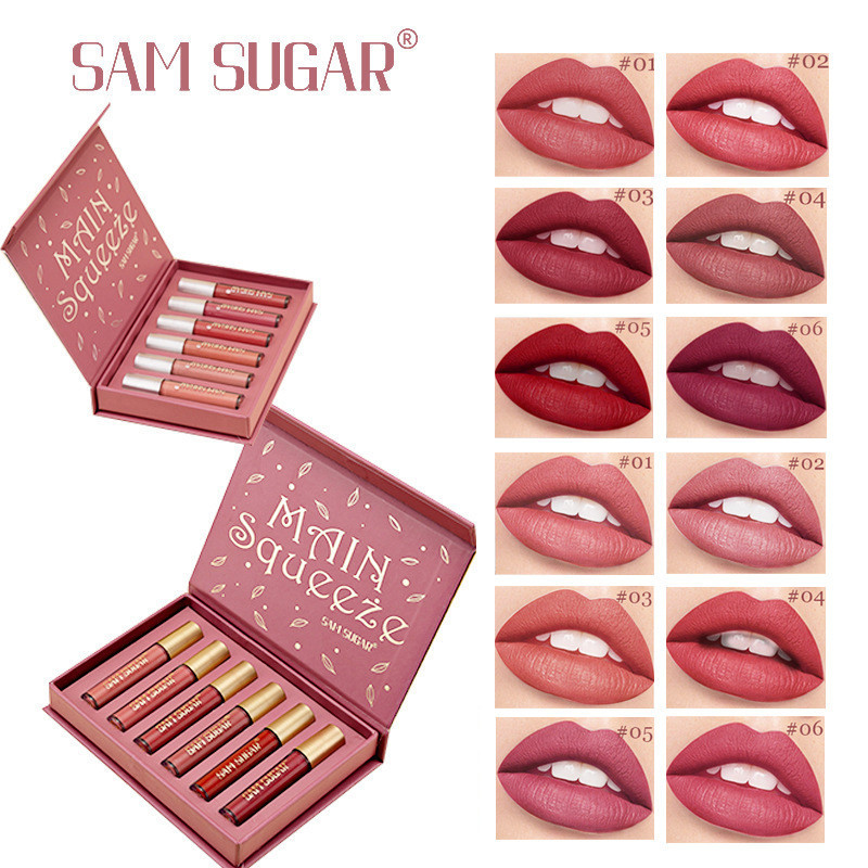 Sam SUGAR 6 Lip Gloss Gift Box Set Matte Velvet Easy-to-Color Liquid ...