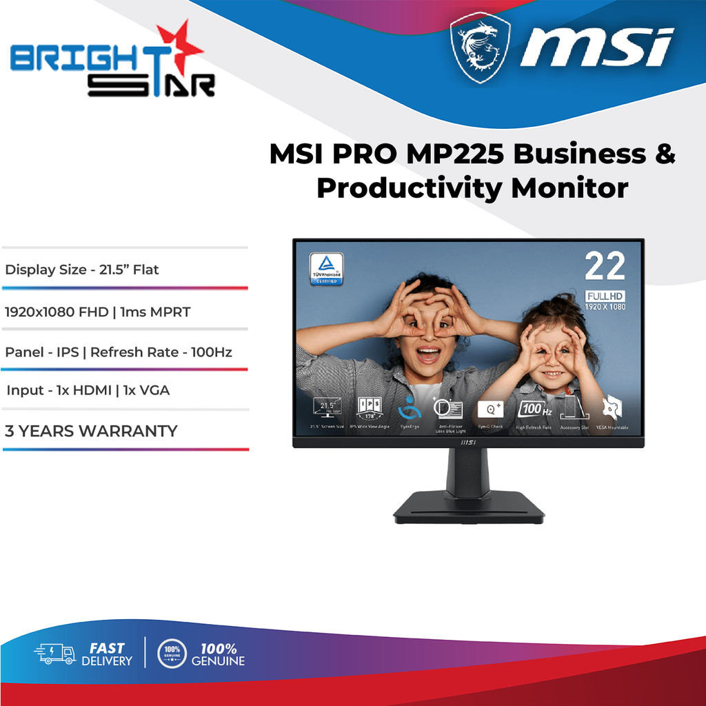 MSI PRO MP225 Monitor - 21.5"/FHD/IPS/100Hz/1ms MPRT/1x HDMI/1x VGA ...