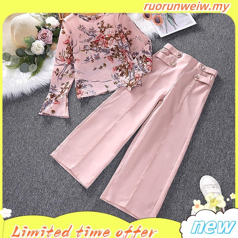 SIYYIS Blouse Sets Korean Style Floral Trumpet-Sleeve Top & Pink Pants ...