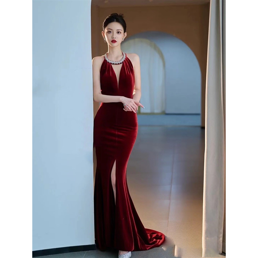 Velvet Red Toast Dress for Bride Light Luxury Sexy Halter Neck Backless ...