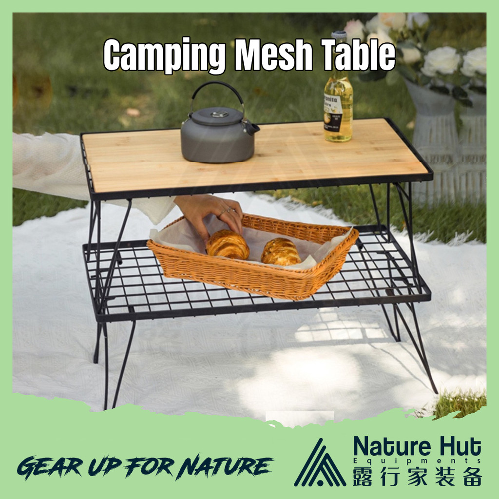 Camping Mesh Table Outdoor Iron Foldable Storage Rack BBQ Picnic Bamboo ...