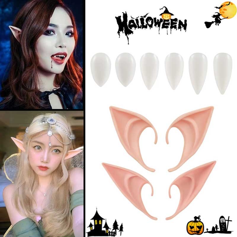 Vampire Fangs Fake Teeth with Glue Latex Elf Ears Halloween Costume ...