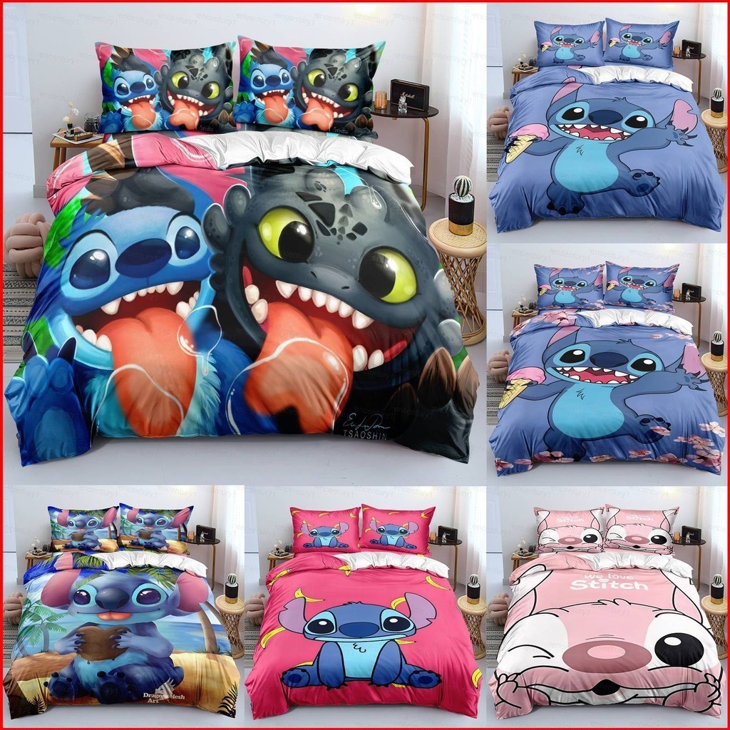 YS Cute Stitch 3IN1 Bedding Set Bed Sheet Quilt Cover Pillowcase ...