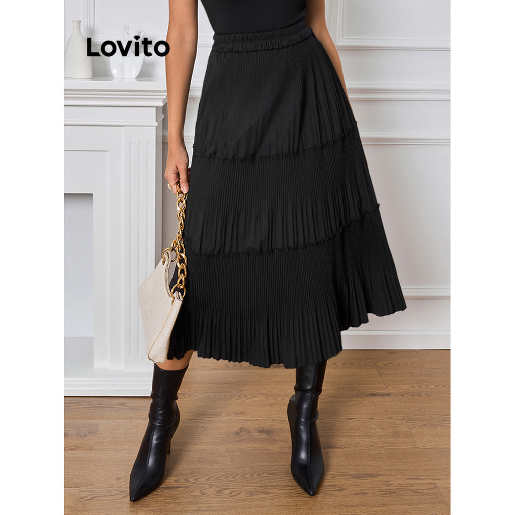 Lovito Elegant Plain Pleated Tiered Layer Cascading Ruffle Skirt for ...