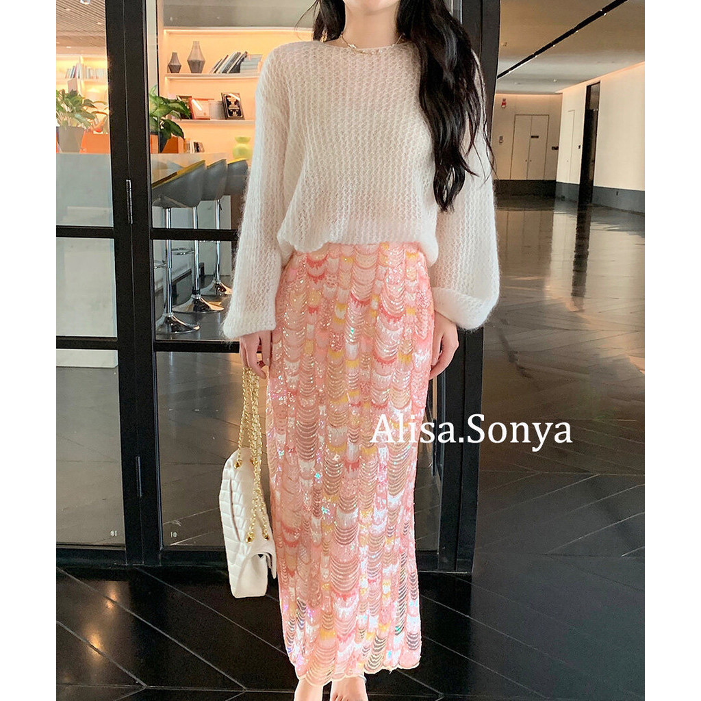 Alisa.Sonya Women's Pink Sequin Bodycon Skirt High Waist Side Slit ...