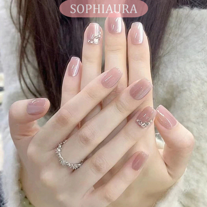 [Free Glue] Beige Fake Nails Cat Eye Design Short Square Shape ...