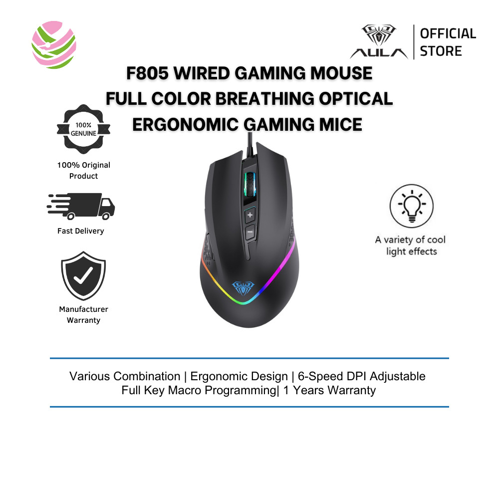 AULA F805 Wired Gaming Mouse Full color Breathing Optical Ergonomic ...