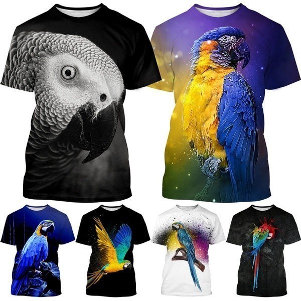 Summer Men's and Women's Fashion Round Neck T-shirts, Parrot Pattern 3D ...