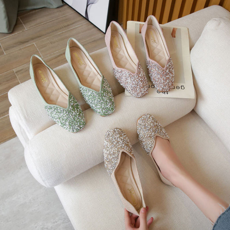 Women's Pearl Contrast Color Flat Shoes Korean Soft Bottom Square Toe ...