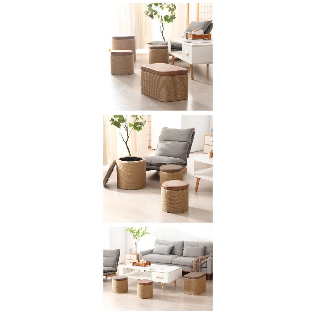Living Room Home Shoe Changing Stool Hemp Rope Solid Wood Storage Stool ...