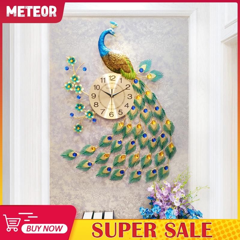 [meteorMY] Large Peacock Wall Clock Non Ticking Silent Crystal Creative ...