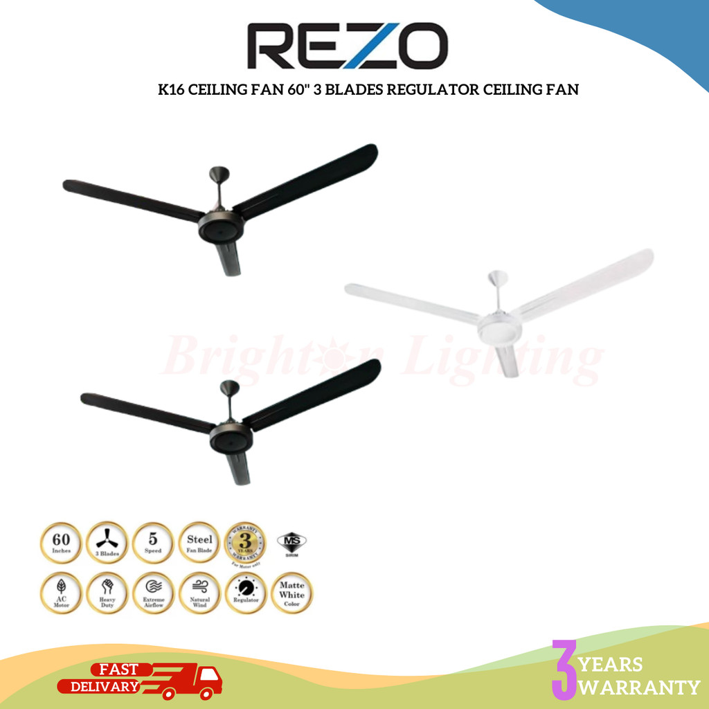 REZO K16 Ceiling Fan 60" 3 Blades Regulator Ceiling Fan / Kipas Siling Matt White/Matt Black K16 ...