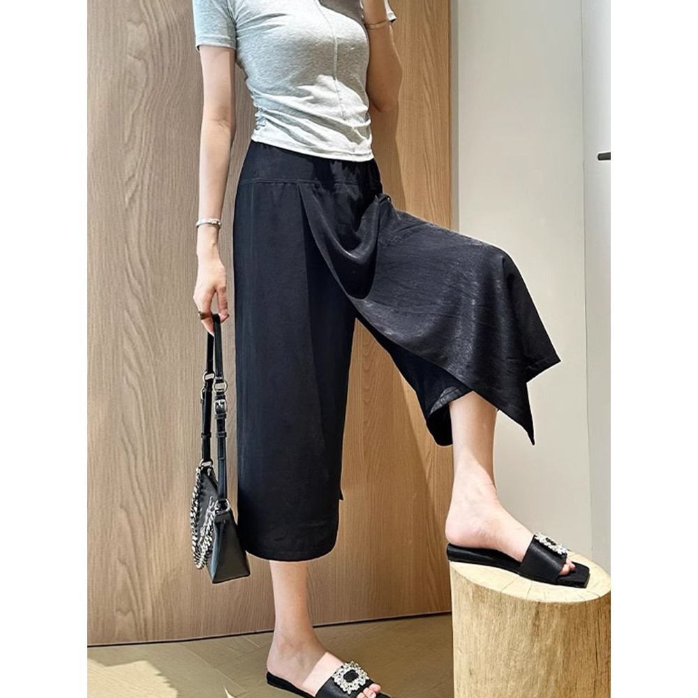 Ice Silk Cropped Wide-leg Pants Skirt Women's Thin Loose plus size Casual Straight Half-length ...