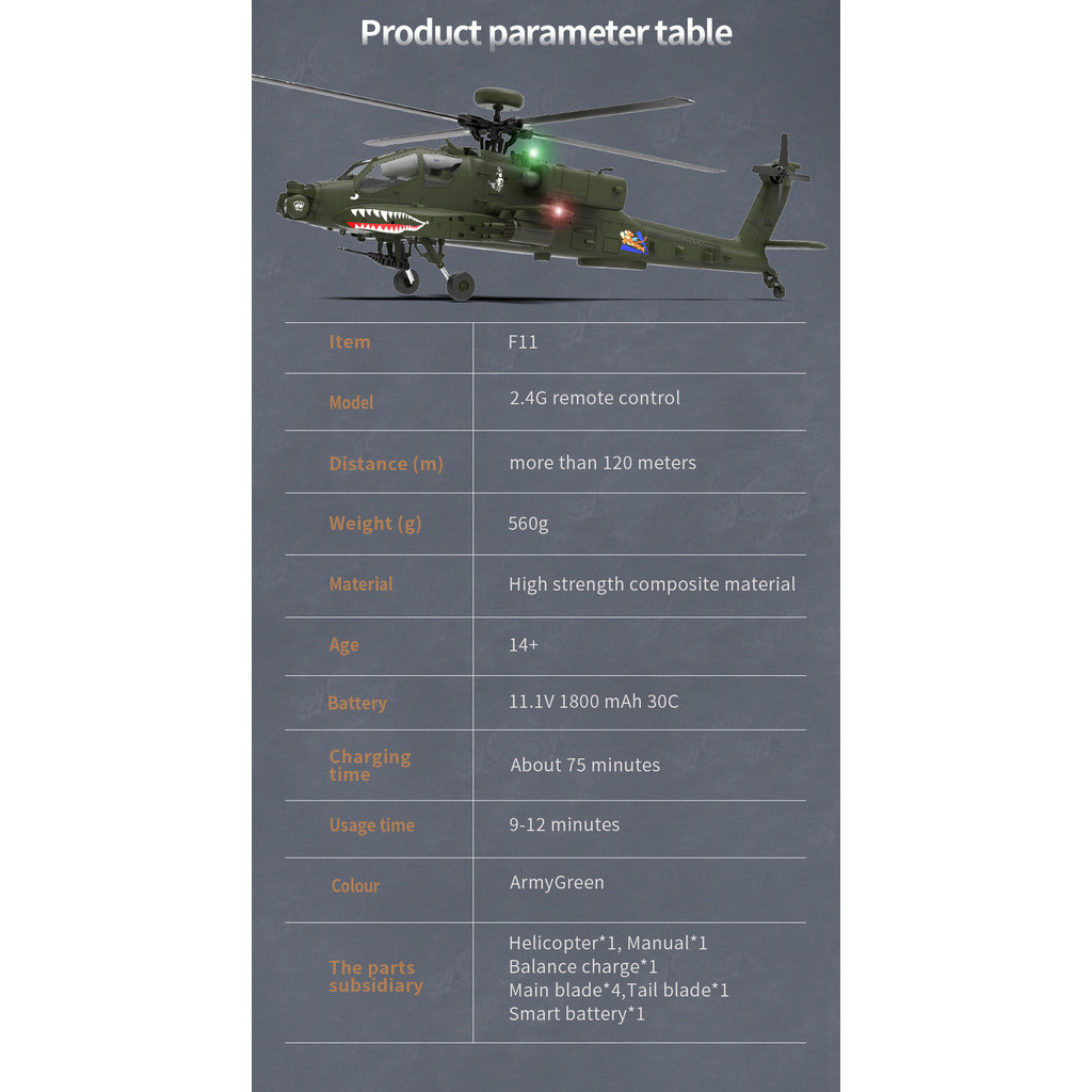 YXZNRC F11 AH-64D Apache RC Helicopter 1:32 Scale Brushless Motor 6 ...