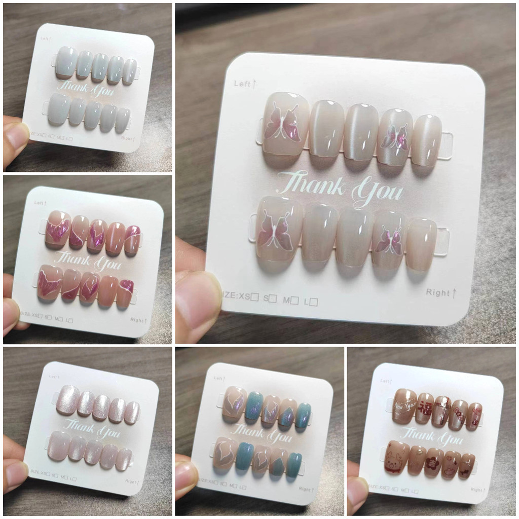 【Handmade】 10 Pcs of Short Fake Nails with Cat Eye Design, Solid Color ...