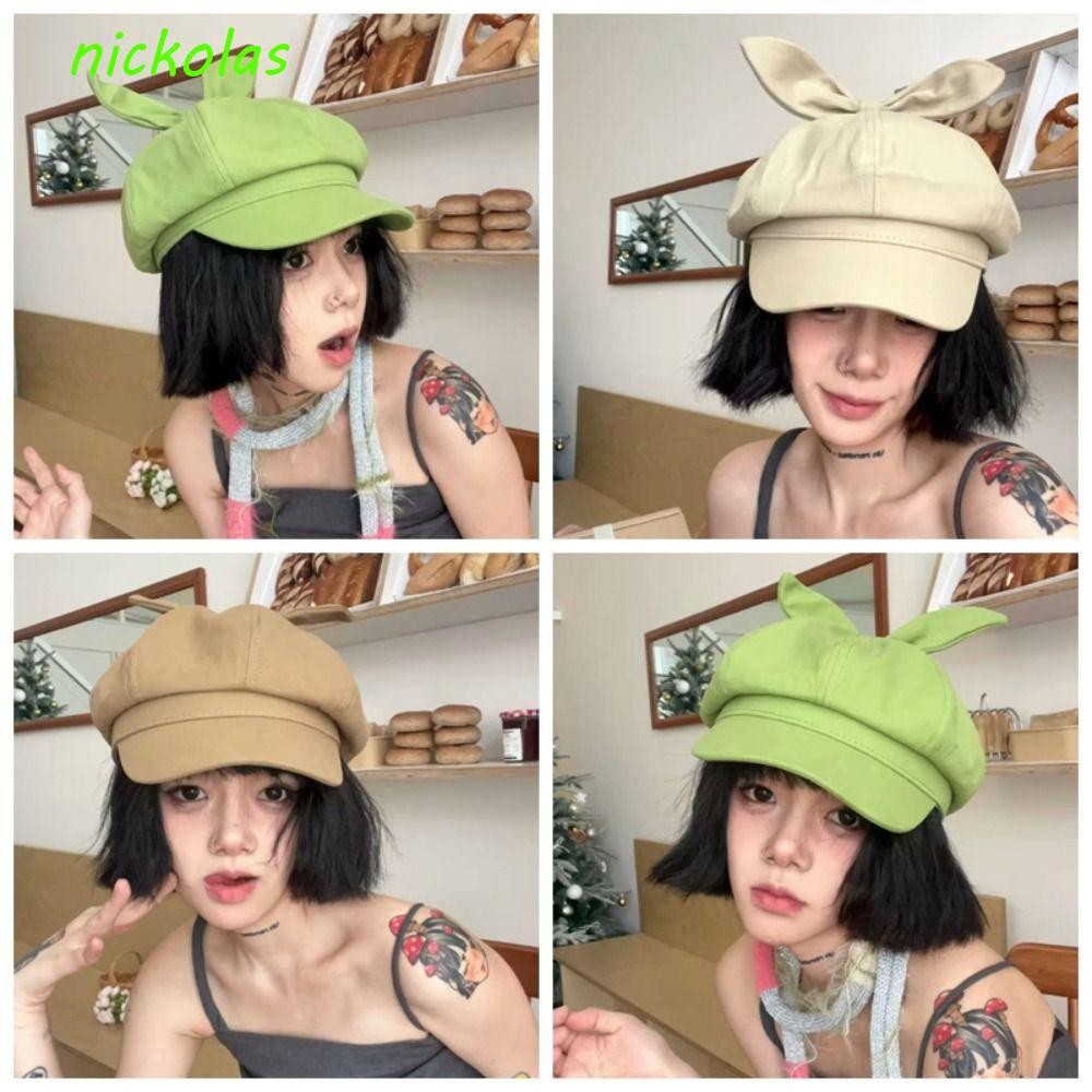 NICKOLAS Bean Sprouts Beret, Travel Y2K Bow Ears Berets, Cute Casual ...
