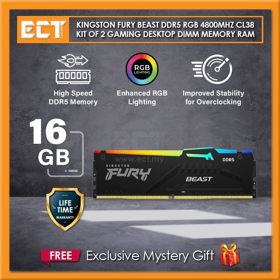 Kingston Fury Beast DDR5 RGB 8GB 16GB 32GB 64GB 4800MHz CL38 Kit of 2 Gaming Desktop DIMM Memory ...
