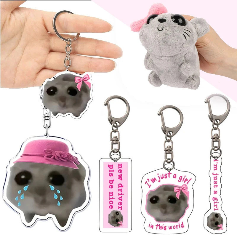 Fun Meme Im Just A Girl Sad Hamster Key Chain Cute Pink Bowknot Cartoon ...