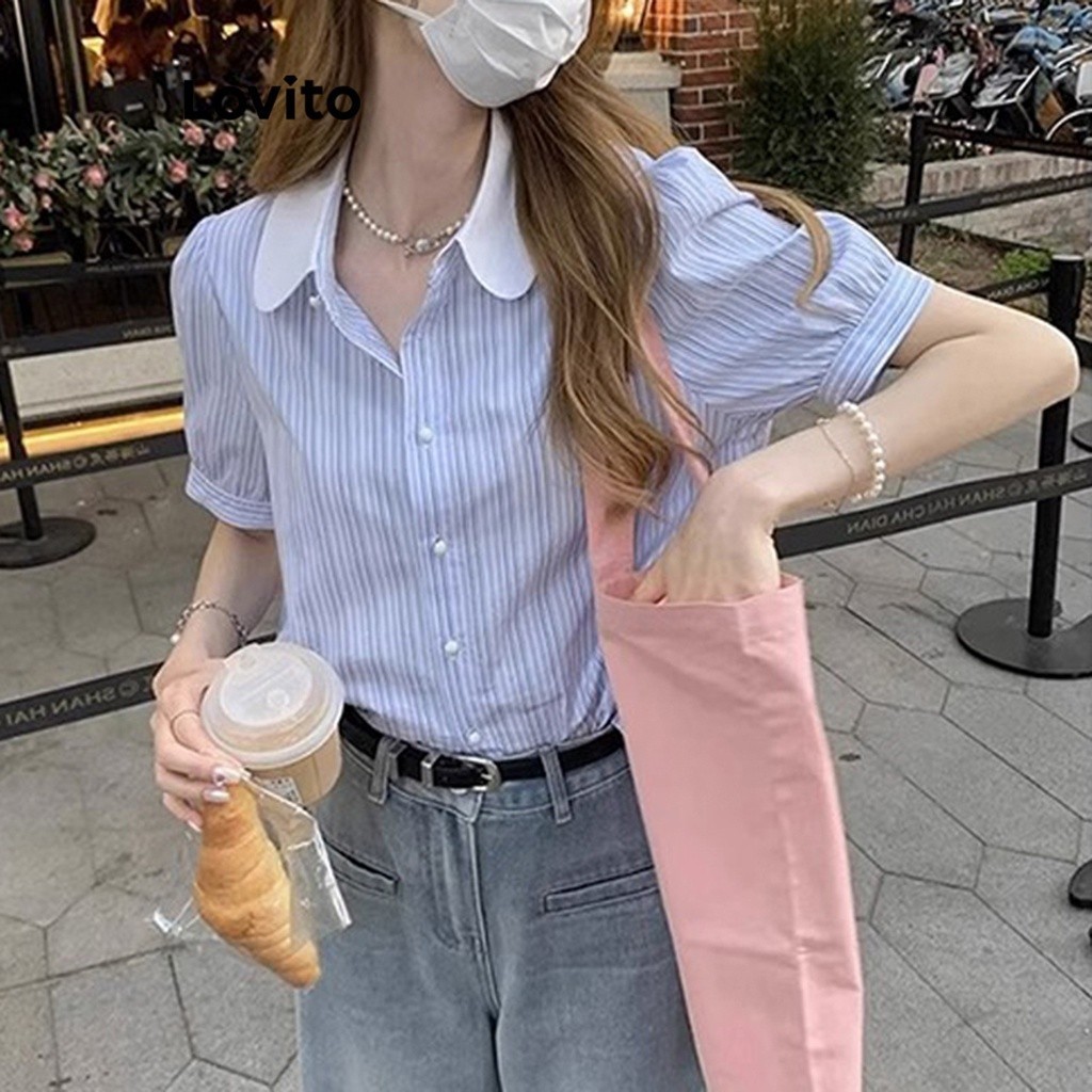 Lovito Casual Striped Colorblock Button Front Blouse for Women LNE37047 ...