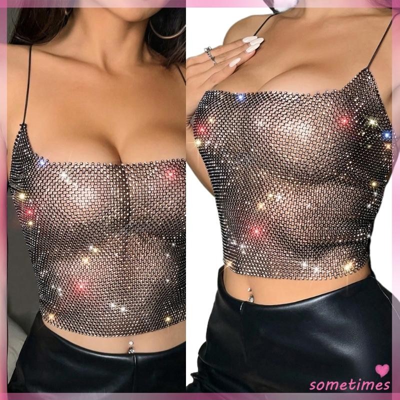 Time Women Backless Halterneck Camisole Rhinestones Fishnet Mesh Crisscross Tie Back Crop Top ...