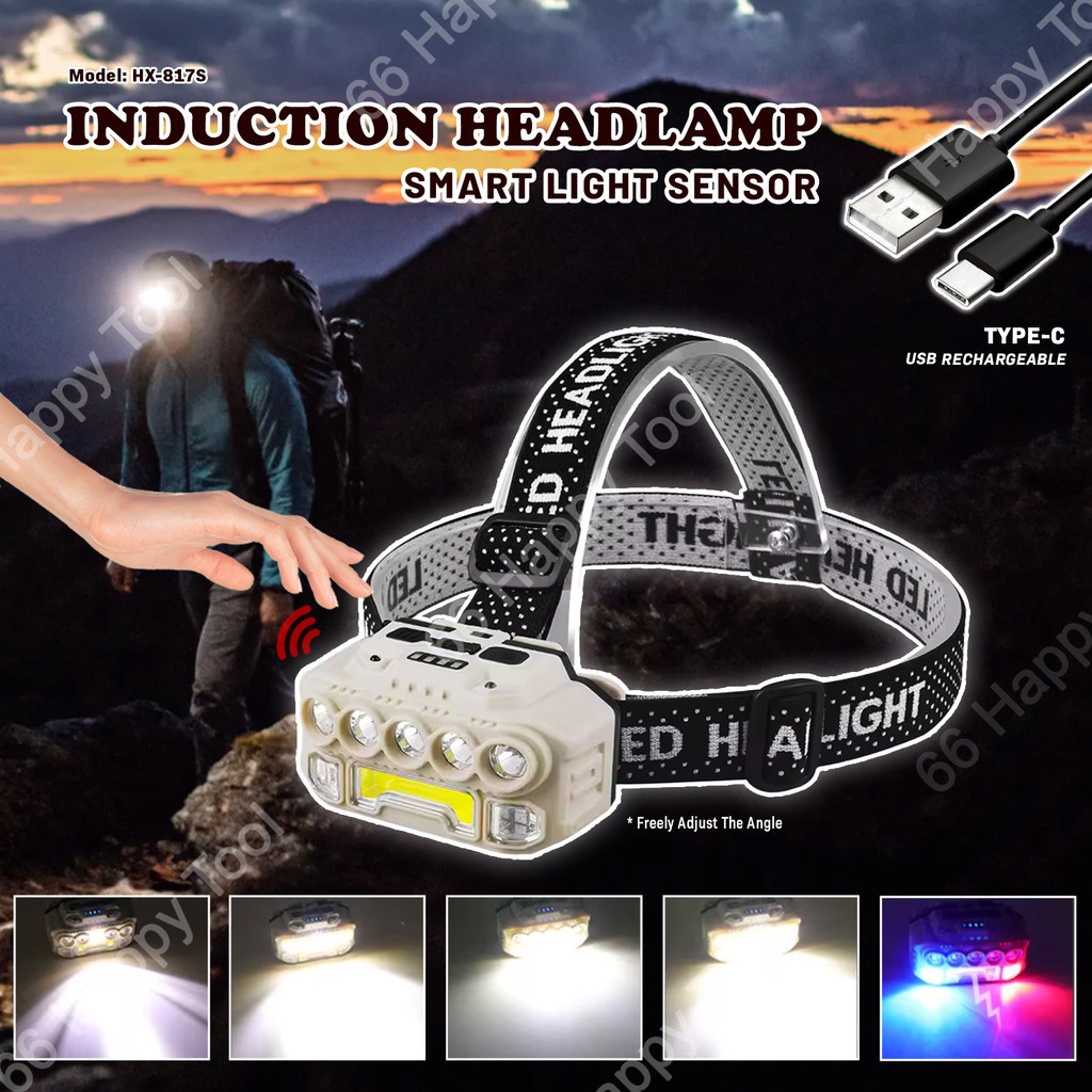 HX-817S Induction Headlamp Sensor Motion LED Torch Headlight Rechargeable Type-C Waterproof ...