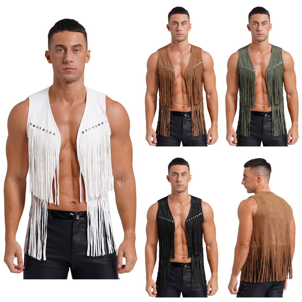 Western Cowboy Costume Mens Faux Suede Tassel Waistcoat Fashion ...