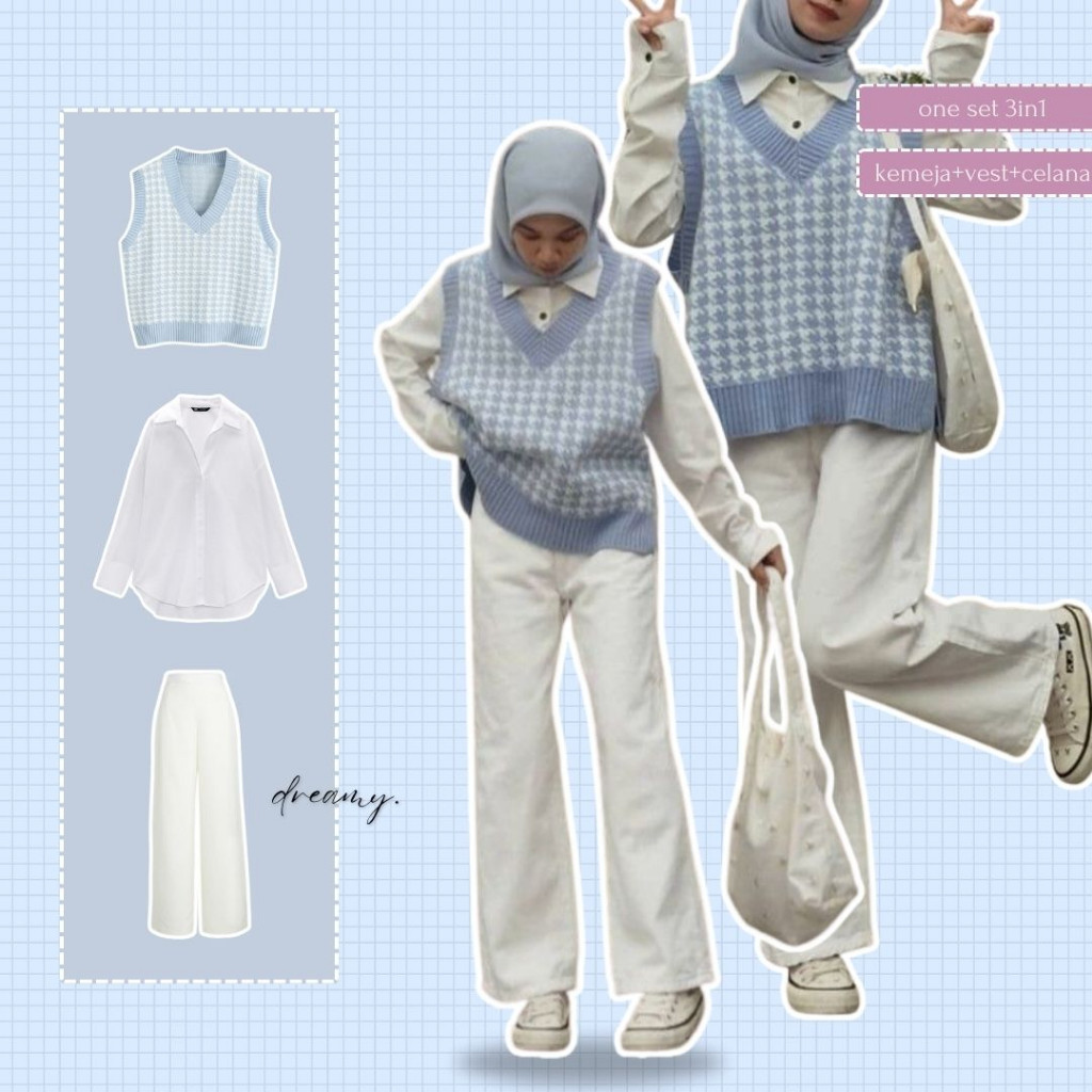 Alina Set 48 - 3in1 Ocean Blue One Set Korean Style, Korean Outfit ...