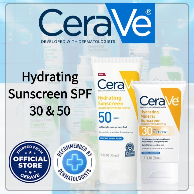 Cerave Hydrating Mineral Sunscreen SPF 50 & SPF 30 Sunblock For ...