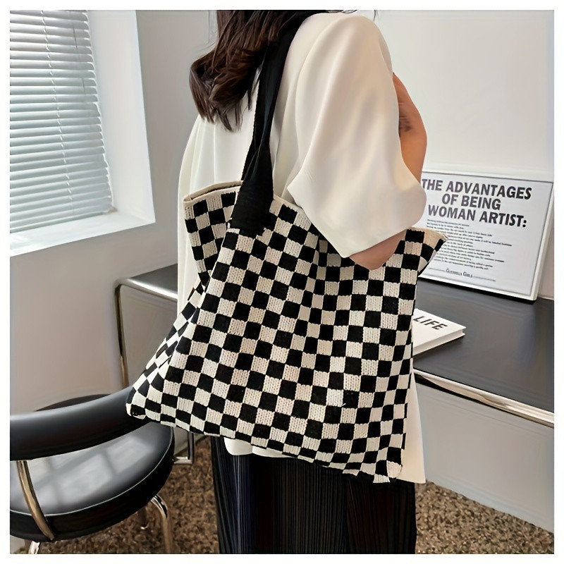 Checkered Knitted Shoulder Bag Trendy Plaid Pattern Tote Bag Large ...