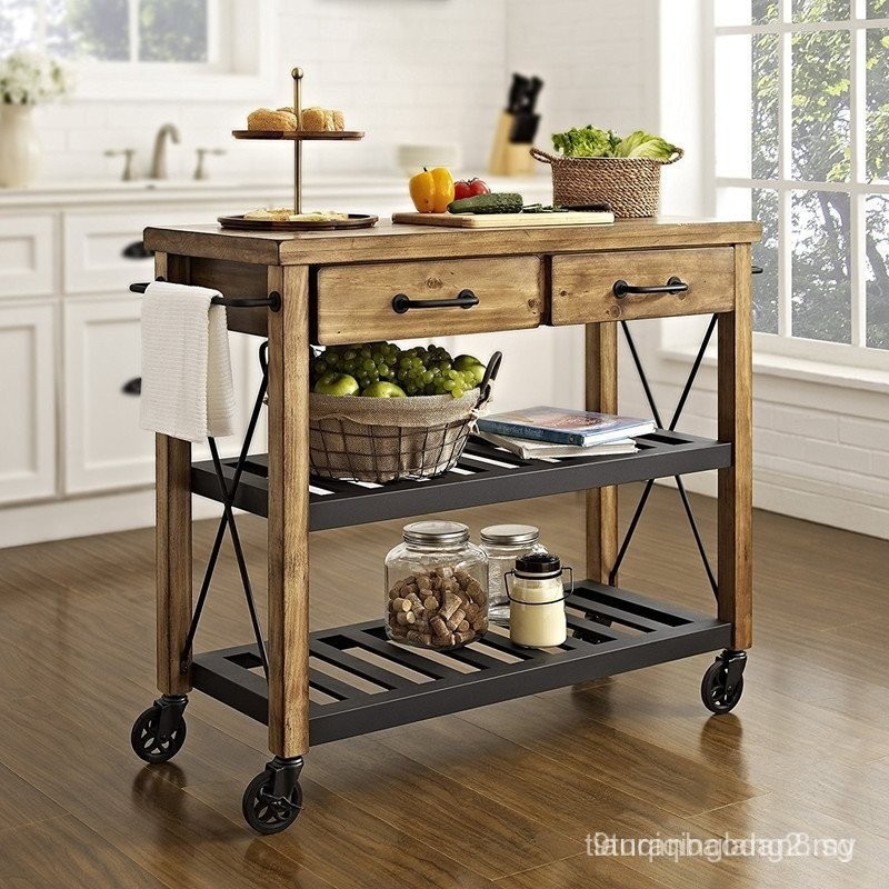 American-Style Solid Wood Movable Middle Island Table Iron Sideboard ...