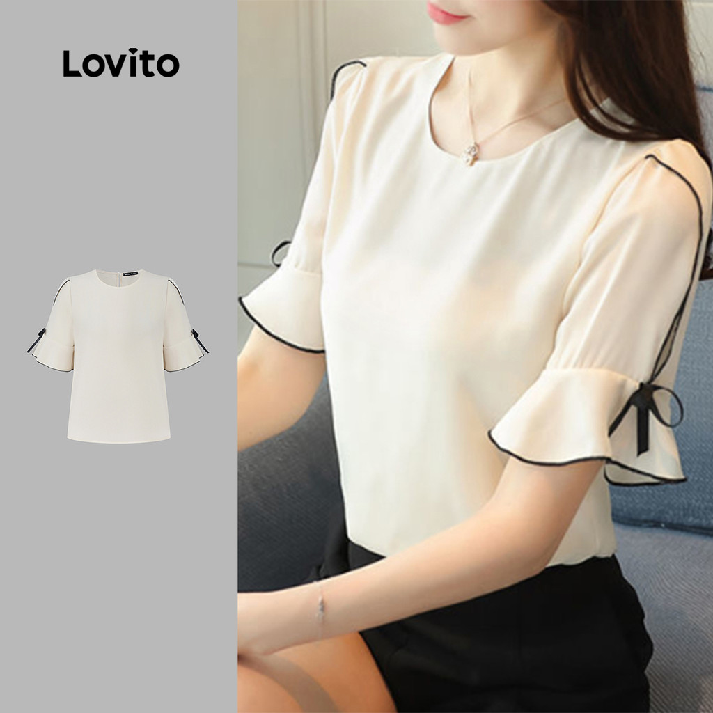 Lovito Elegant Blouse Contrast Binding Hollow Spring/summer Off White ...