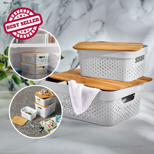 Toiletries Storage Box with Bamboo Cover Lid All-Purpose Bin Basket ...